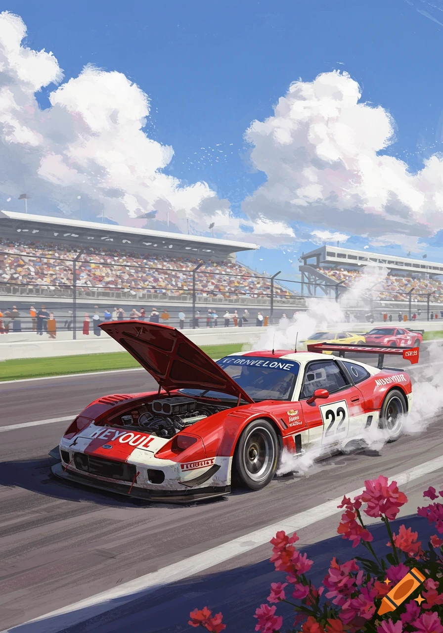 An artistic depiction of a red and white race car with its hood open ...