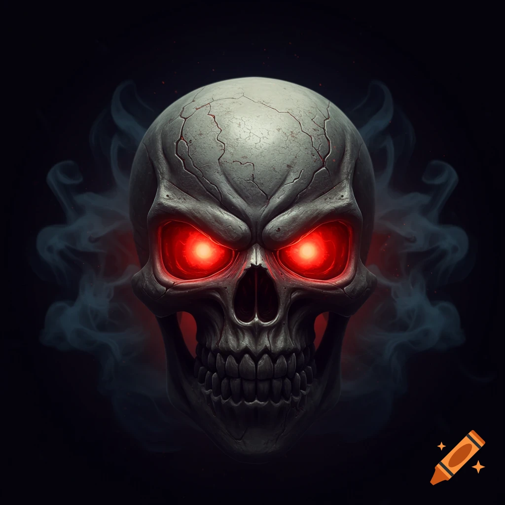 Stylized illustration of a cracked skull chewing a red chili pepper ...