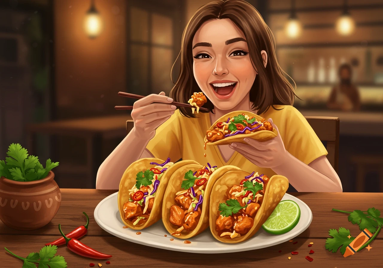 An illustrated image of a happy woman in a restaurant, eating chicken ...