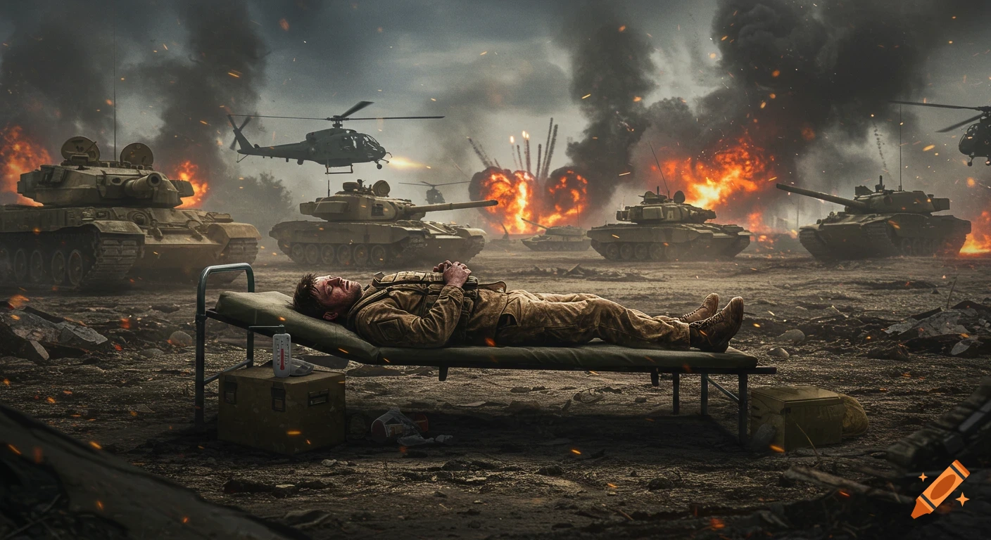 A painting of a chaotic battle with Soviet-era tanks firing and ...