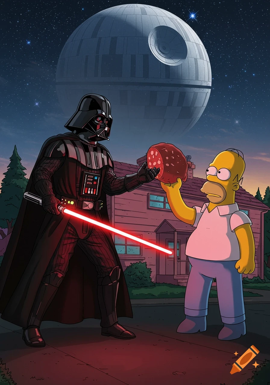 Darth Vader with a lightsaber confronts Homer Simpson holding salami ...