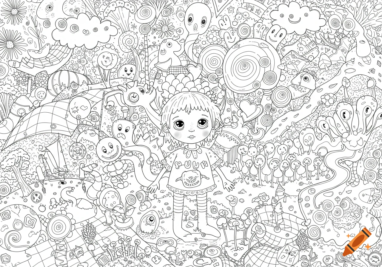 Detailed black and white line art coloring page featuring a child ...