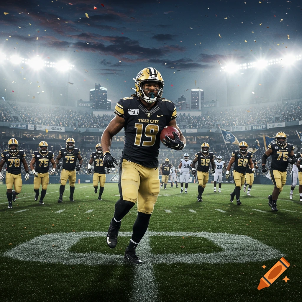 A football player in a black and gold "TIGER CATS" jersey with the ...