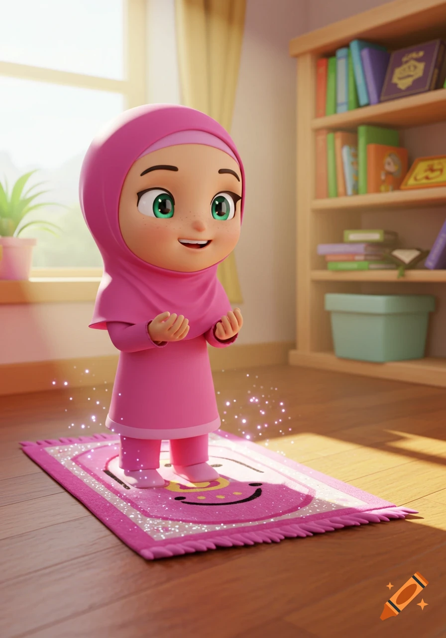 A cheerful 3D cartoon Muslim girl in a pink hijab stands on a sparkly ...