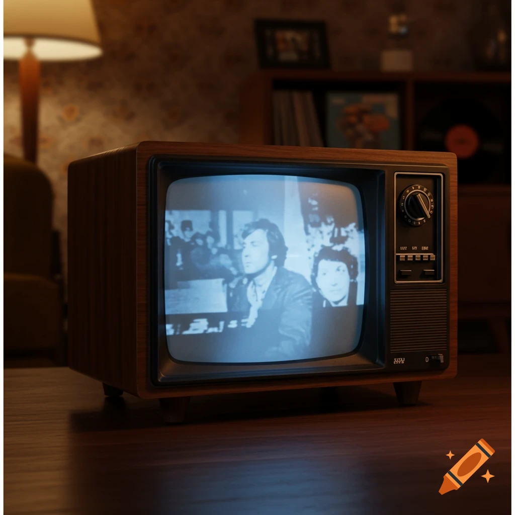 A retro wooden television set plays a black and white movie in a dimly ...