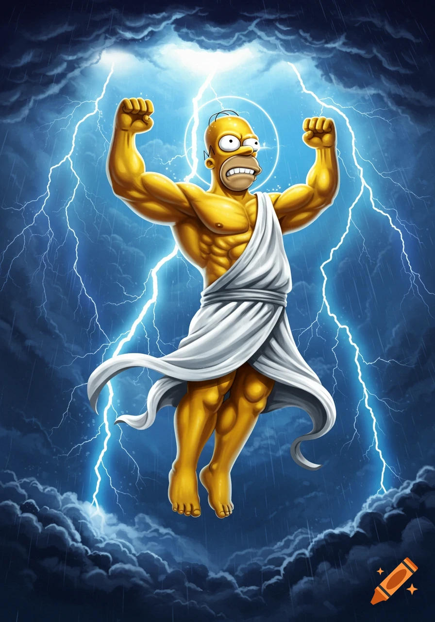 Muscular Homer Simpson in a white robe floats amidst a stormy sky with ...