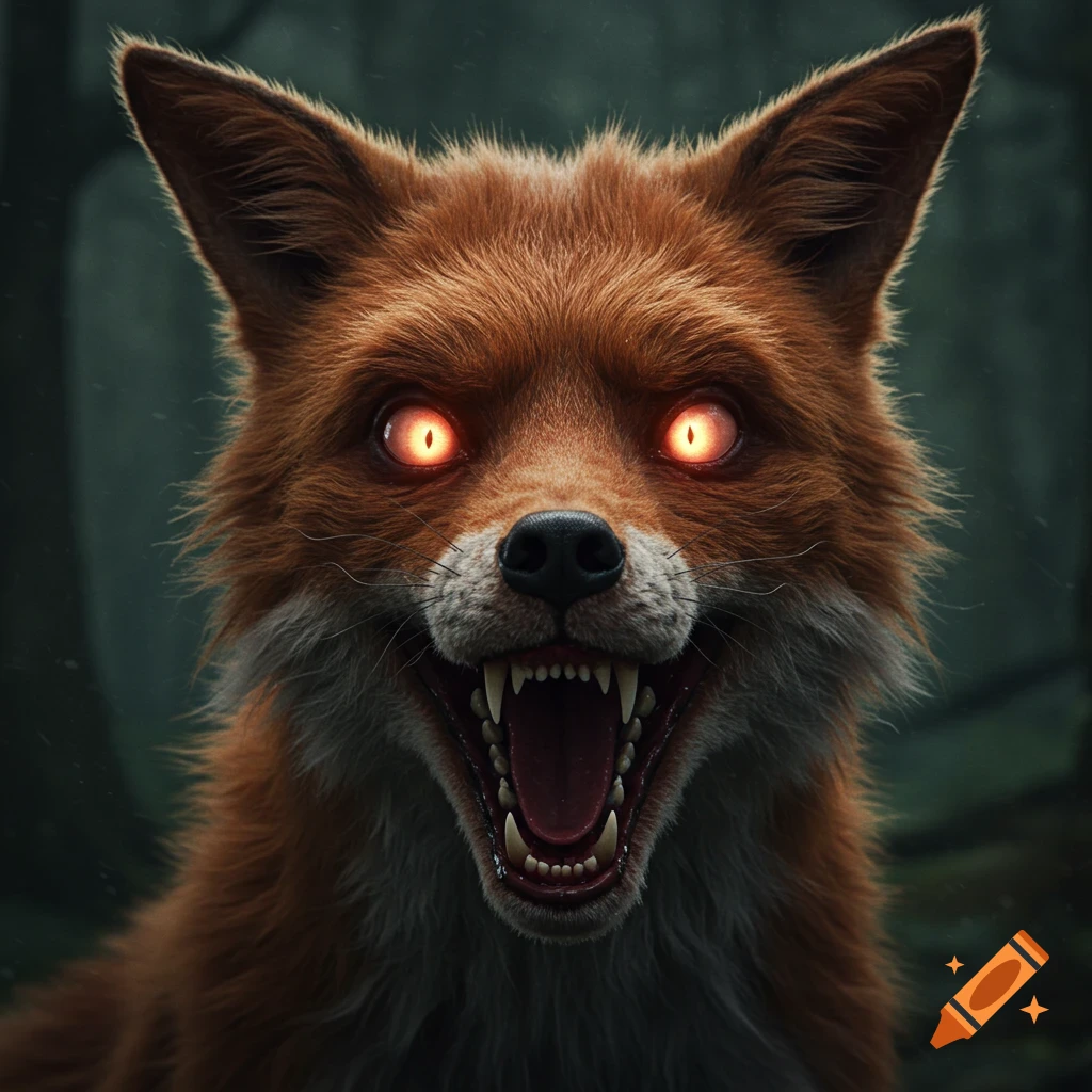 Close-up photorealistic portrait of a red fox with glowing orange eyes ...