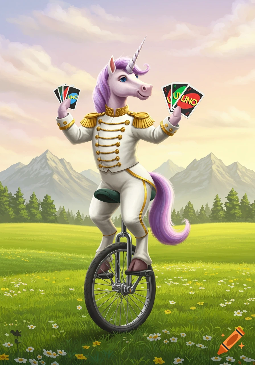 A majestic unicorn in a white uniform rides a unicycle and holds Uno cards in a sunny meadow ...