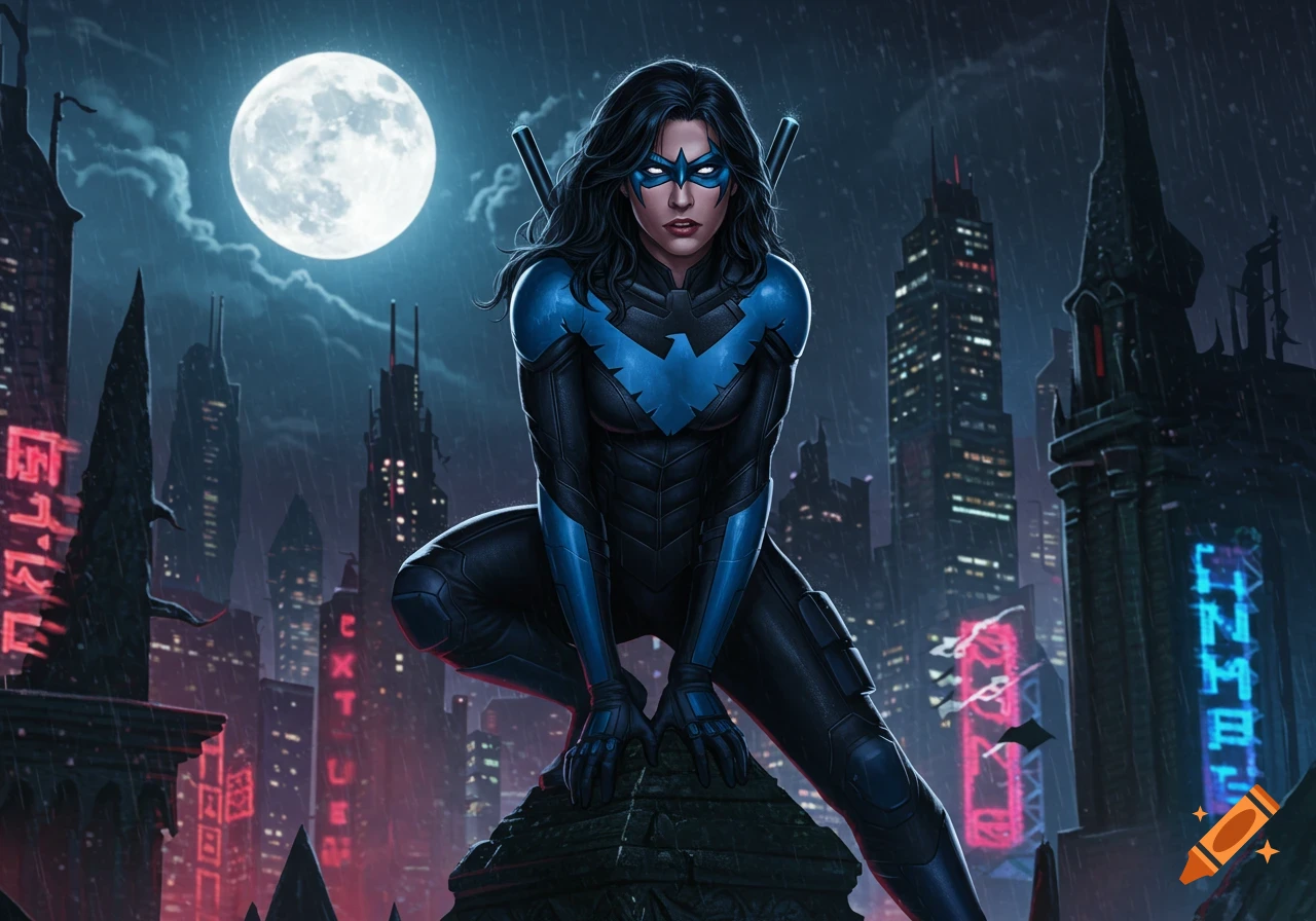 Catwoman in her black suit on a Gotham city rooftop at night under a ...