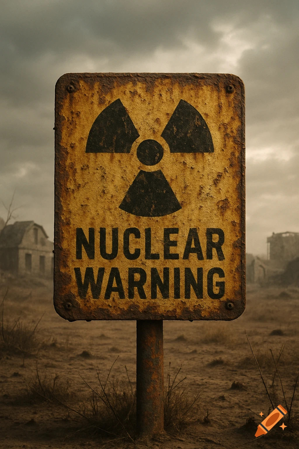 A rusty "NUCLEAR WARNING" sign with a radiation symbol stands in a ...