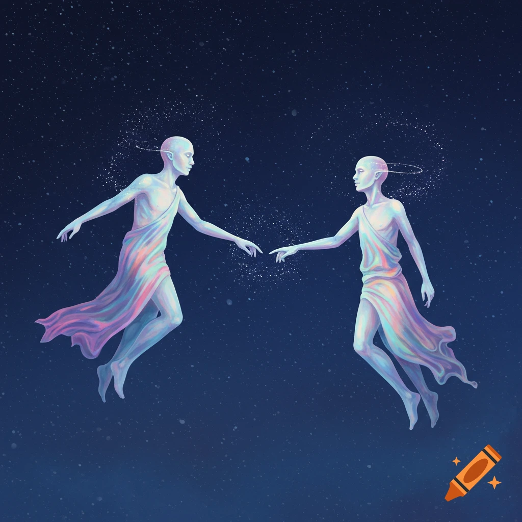 Two ethereal figures in flowing iridescent robes float in starry space ...
