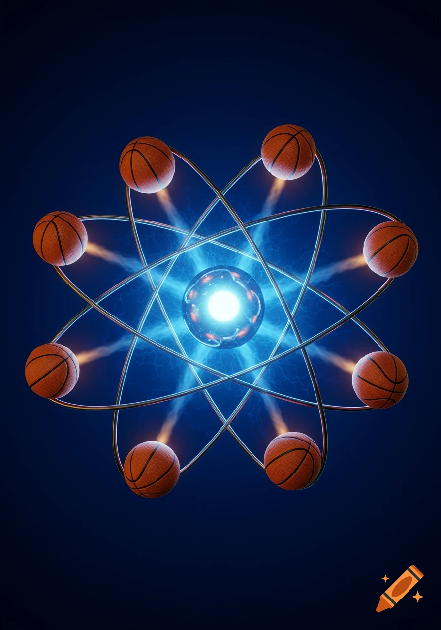 A 3D atom symbol with a glowing blue core and basketballs orbiting as ...
