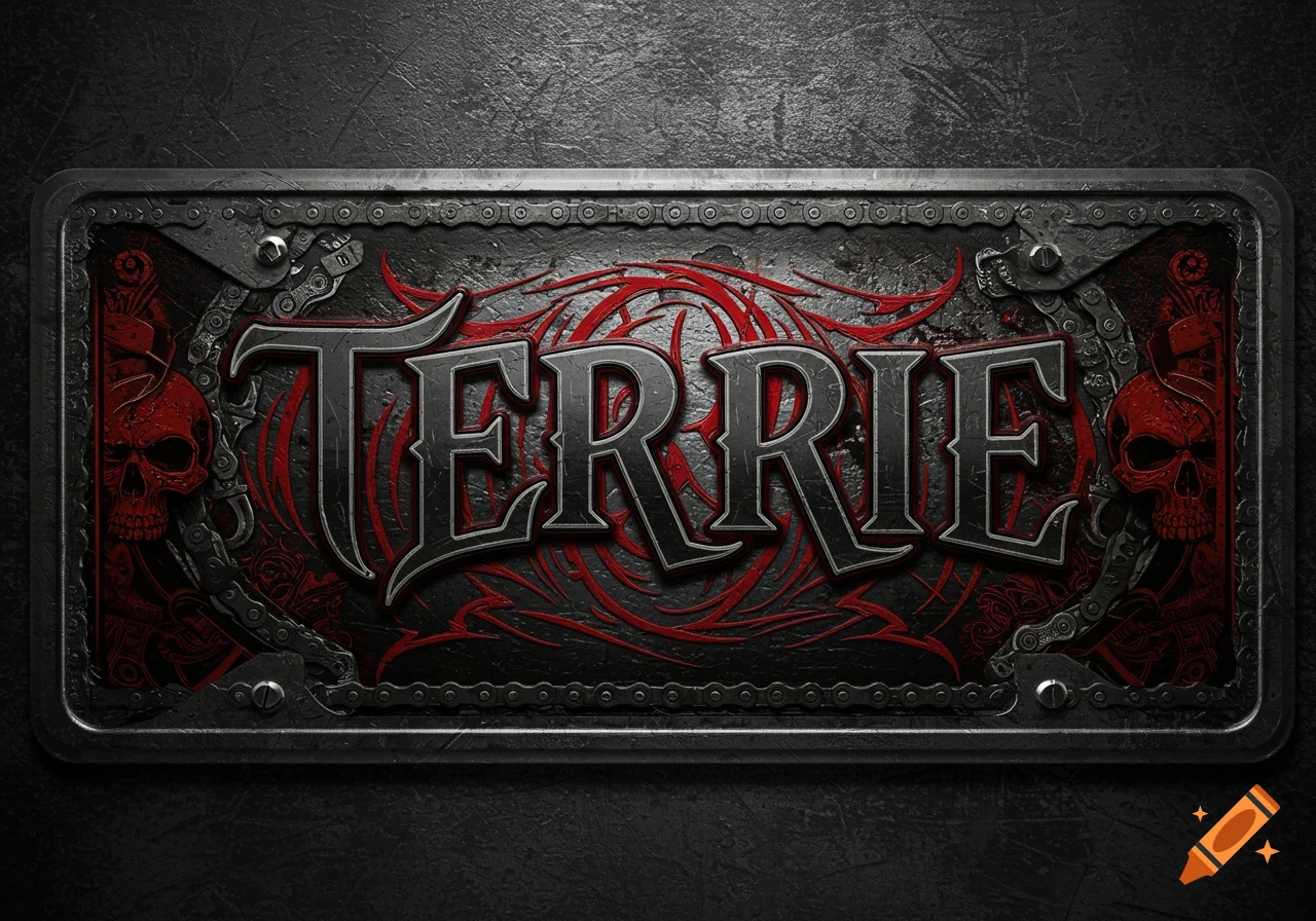 Dark metal license plate with 'TERRIE' in stylized font, red skulls ...