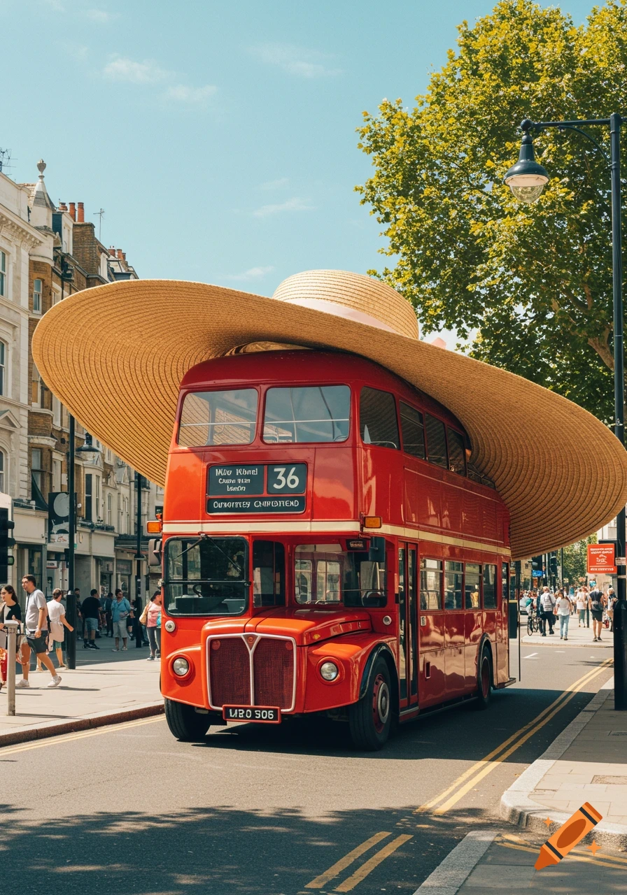 A red double-decker bus on a city street wears a gigantic straw sun hat ...