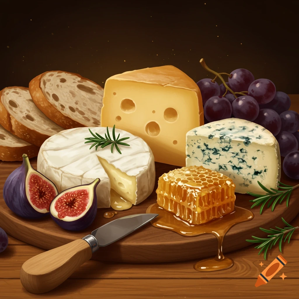 Photorealistic wheel of blue cheese with a cut slice, grapes, bread ...