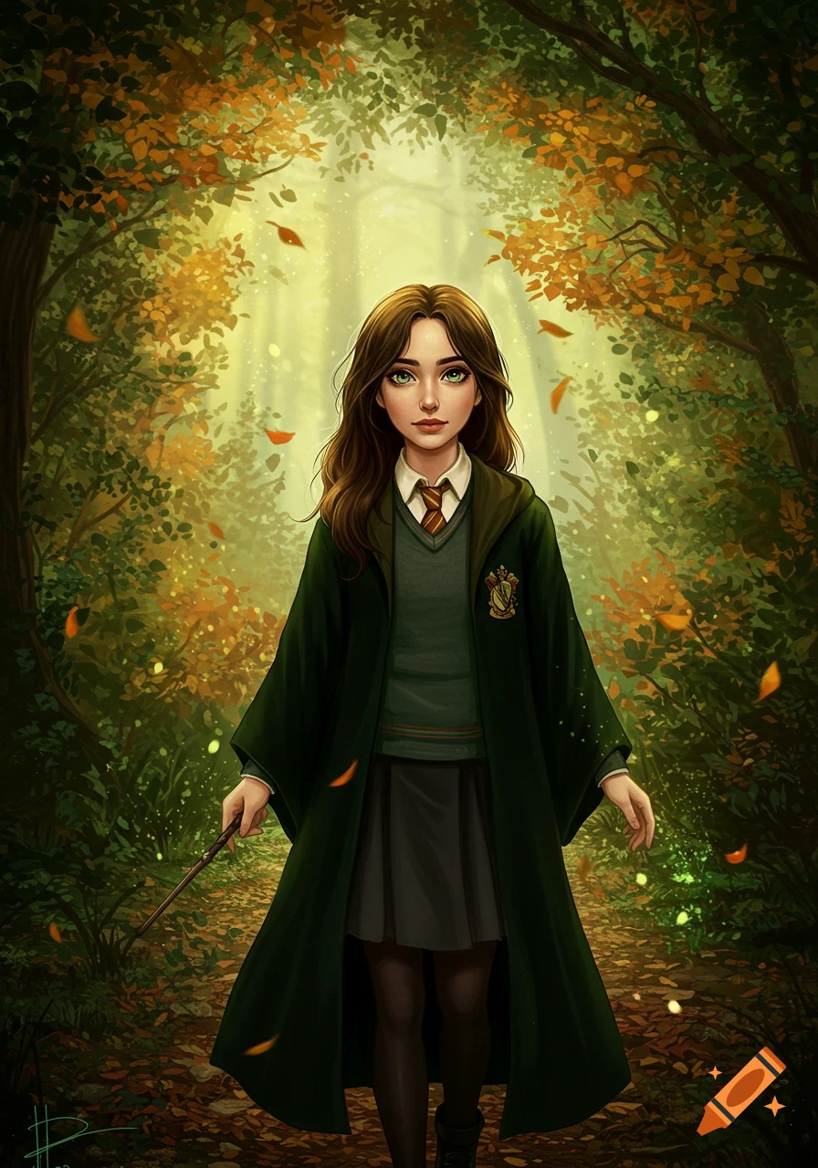 A digital art illustration of a young witch in a dark green robe and ...
