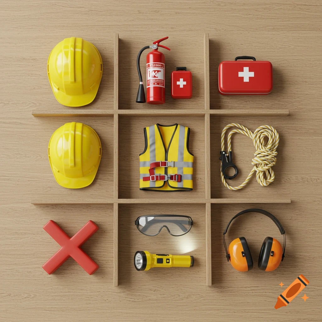 A wooden tic-tac-toe board filled with safety equipment like hard hats ...