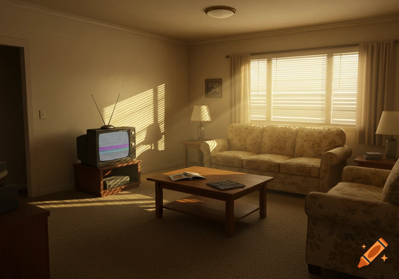 A grainy, brightly lit 2000s-era living room with an old static TV ...