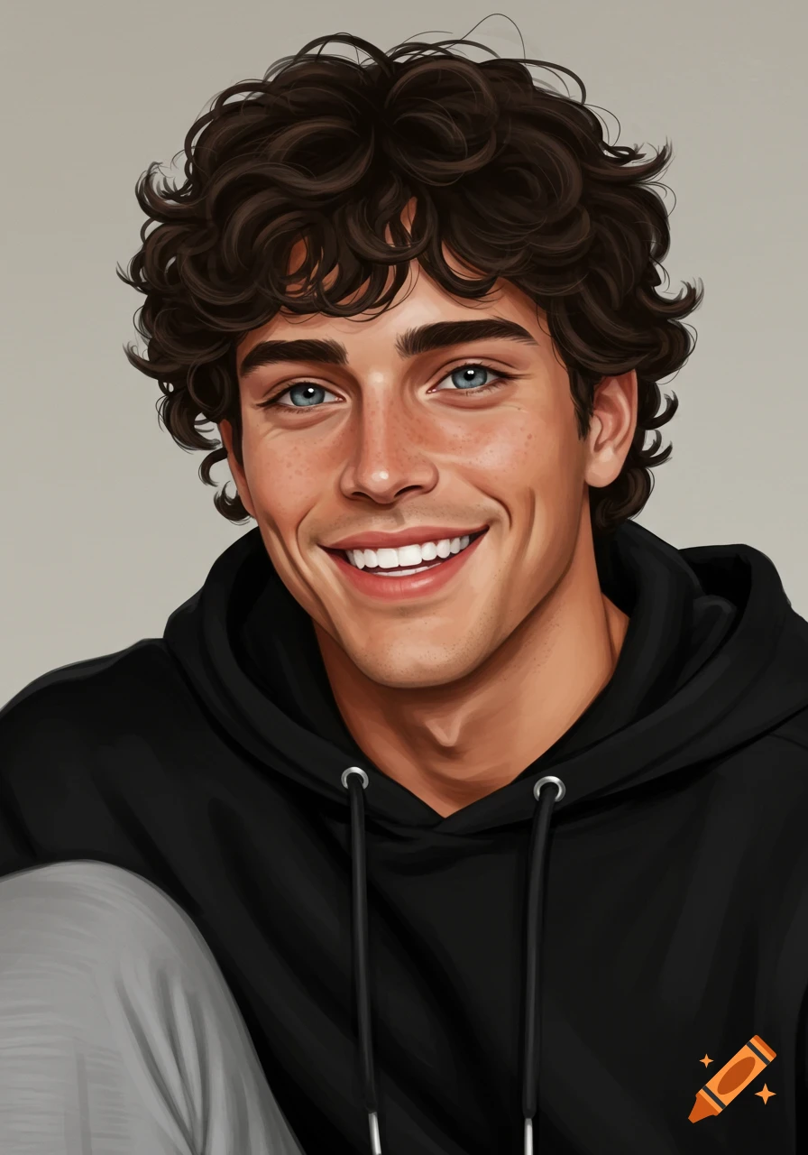 A close-up stylized digital painting of a smiling young boy with red ...