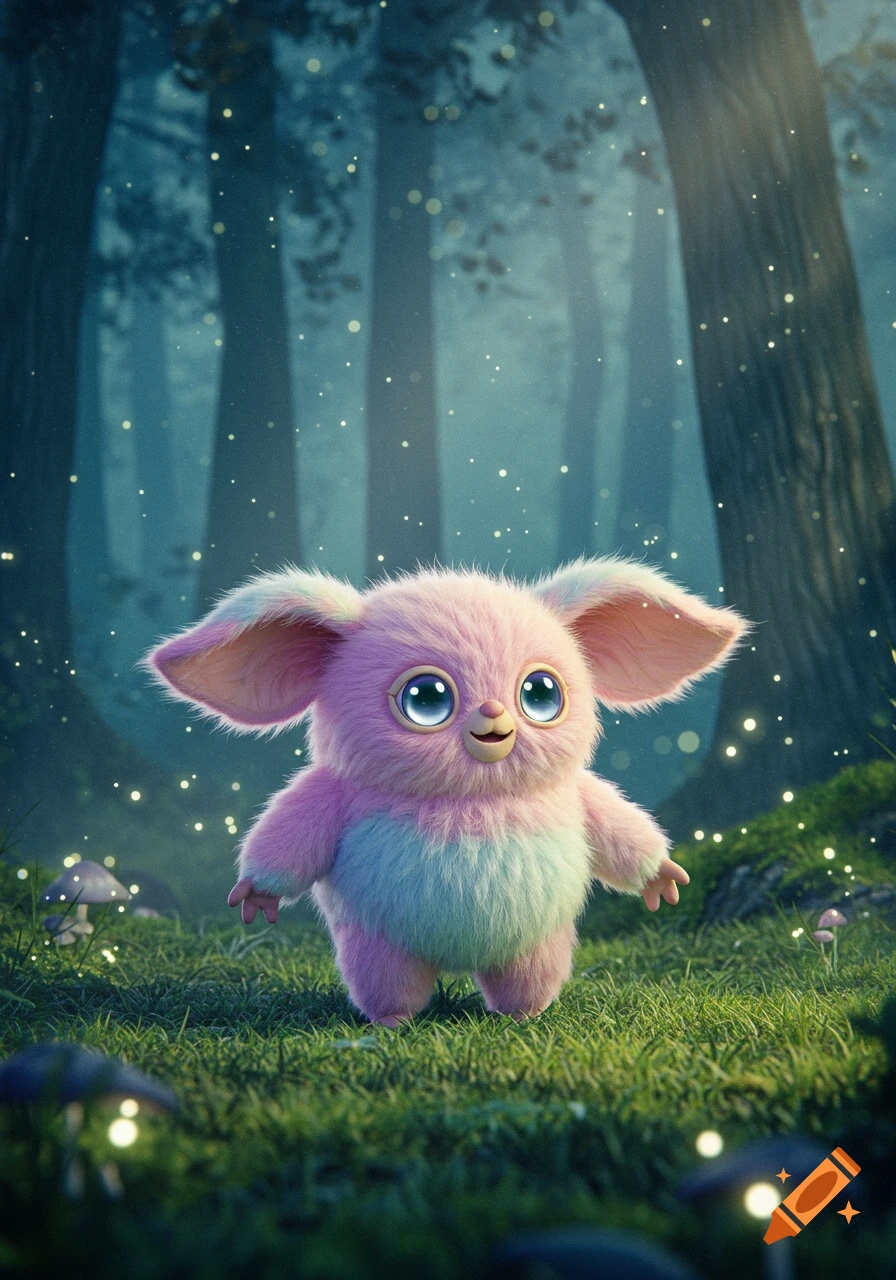 An adorable, fluffy pink creature with large eyes, small fangs, and ...