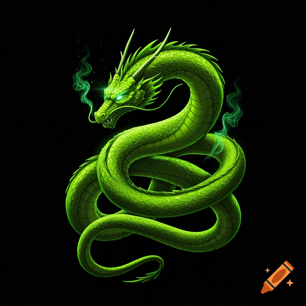 A vibrant lime green dragon with glowing eyes coils on a black ...