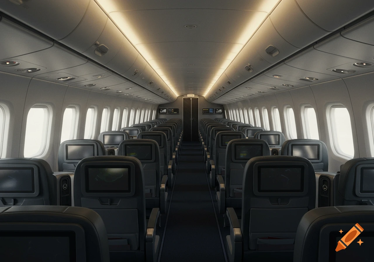 Interior view of an empty airplane cabin with rows of seats and ...
