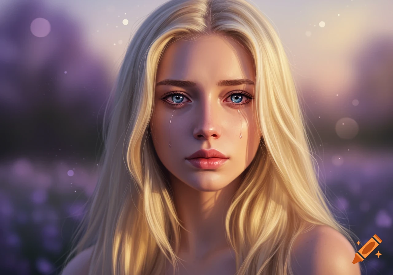 A photorealistic portrait of a blonde woman with striking blue eyes and ...