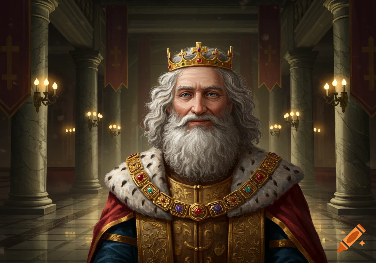 A majestic old king with a long white beard and a golden crown, adorned ...
