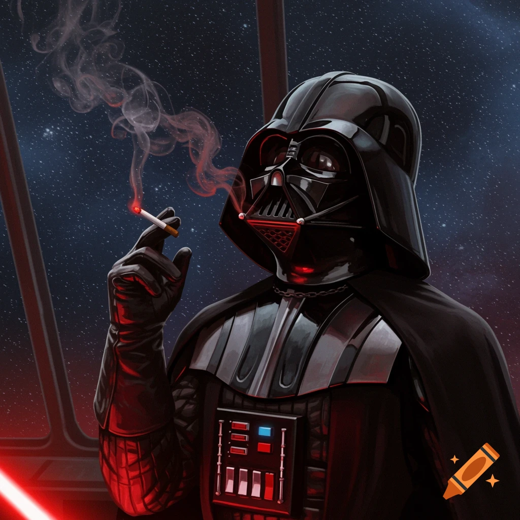 Darth Vader in a black suit with a star-shaped helmet and red ...