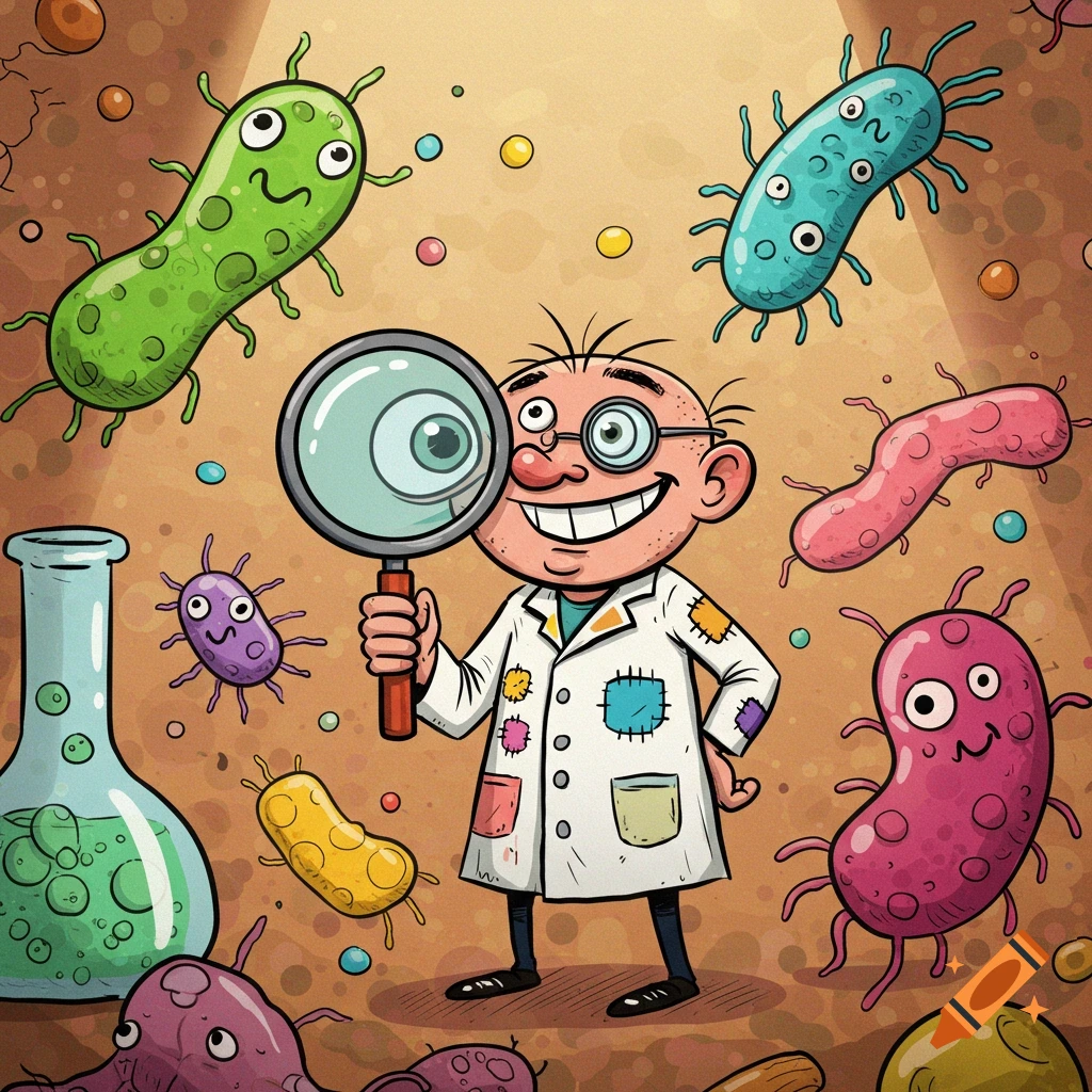 Cartoon donkey scientist in a lab coat and glasses, holding a beaker of ...