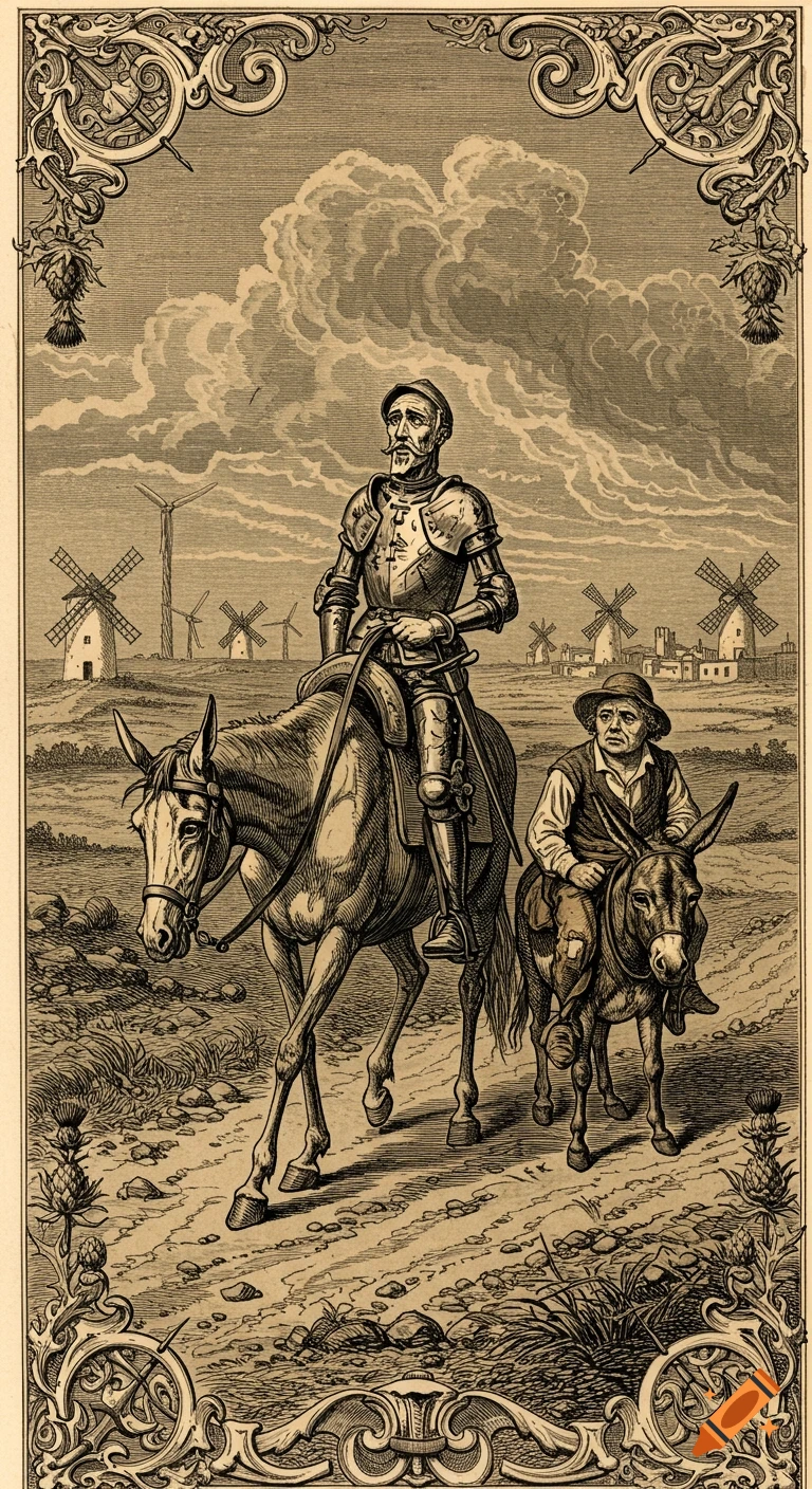 Don Quixote on horseback with Sancho Panza on a donkey on a dusty path ...