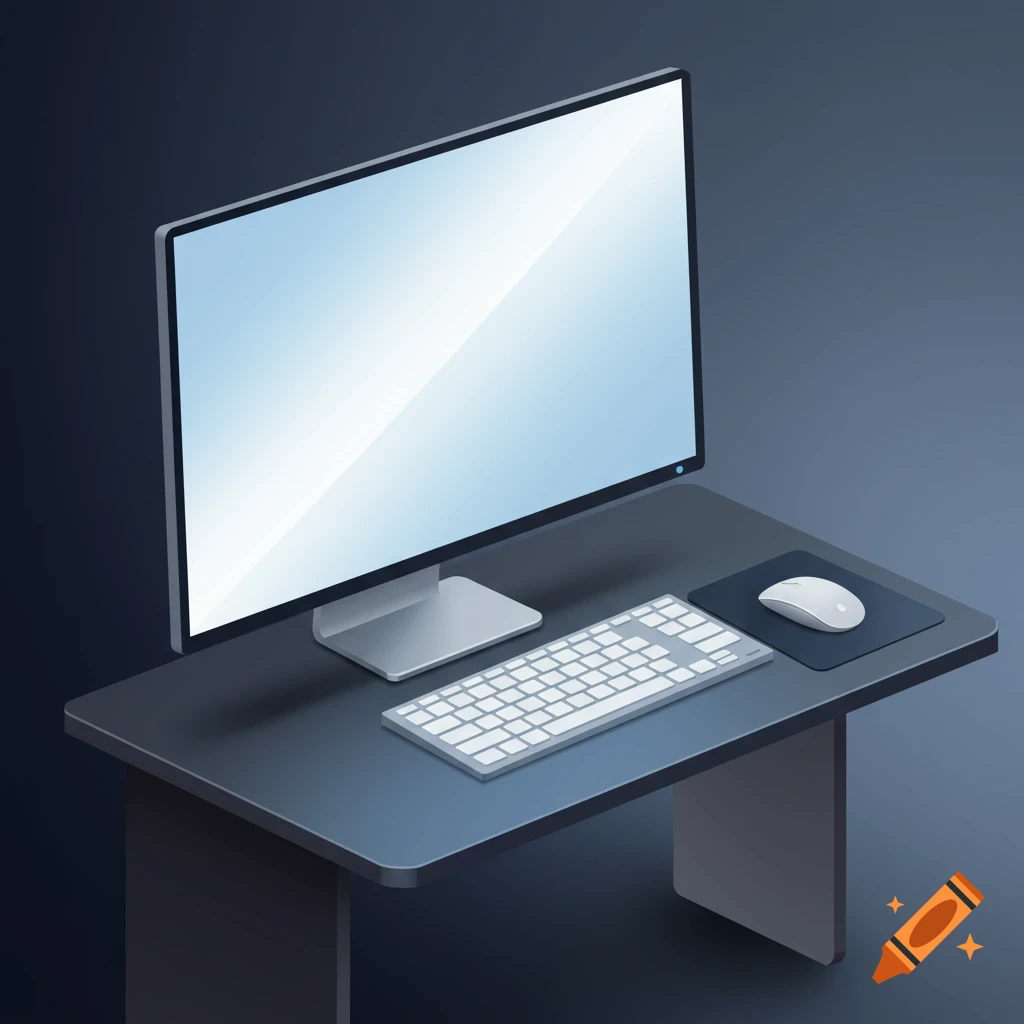 An isometric view of a minimalist computer setup with a monitor ...