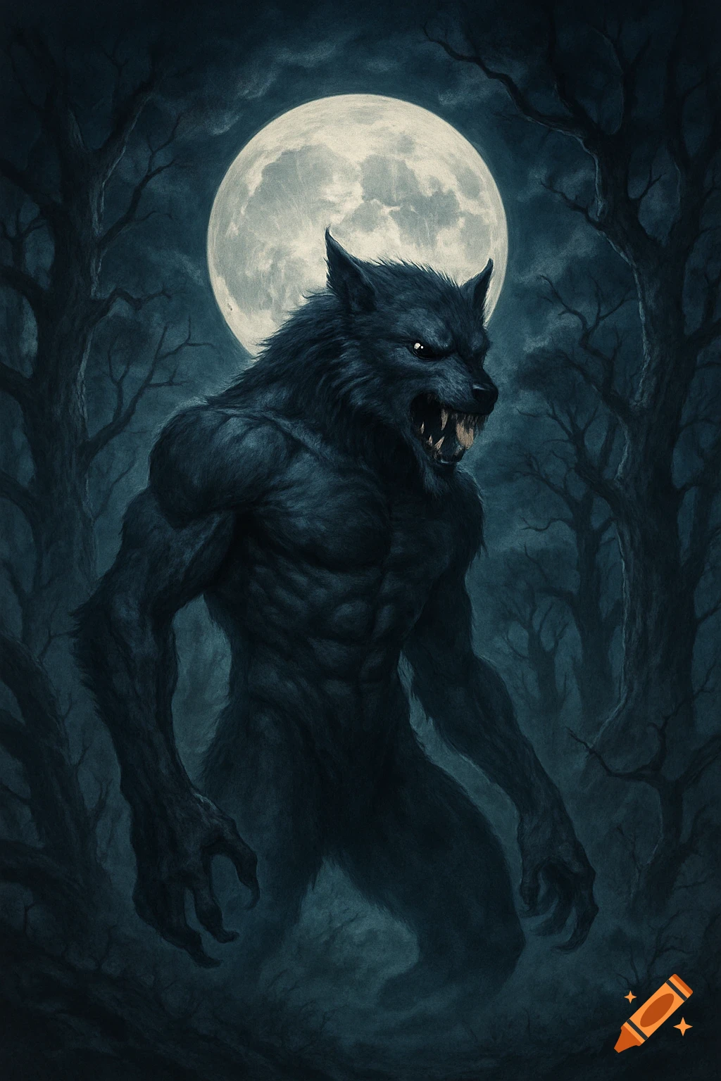 Dark, stylized illustration of a muscular werewolf snarling in a gloomy forest under a bright ...