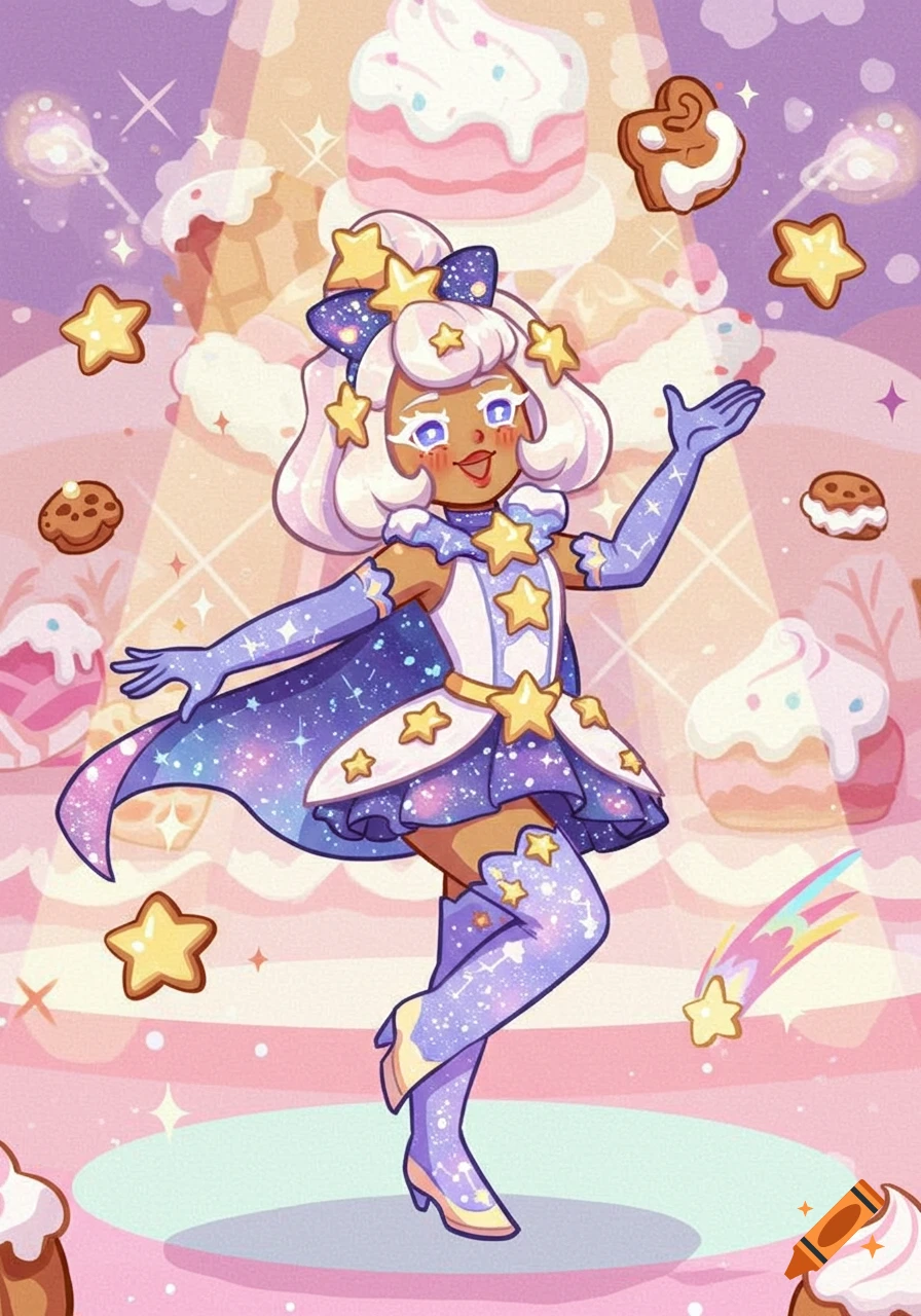 A stylized cartoon character resembling a cookie pop star in a galaxy ...