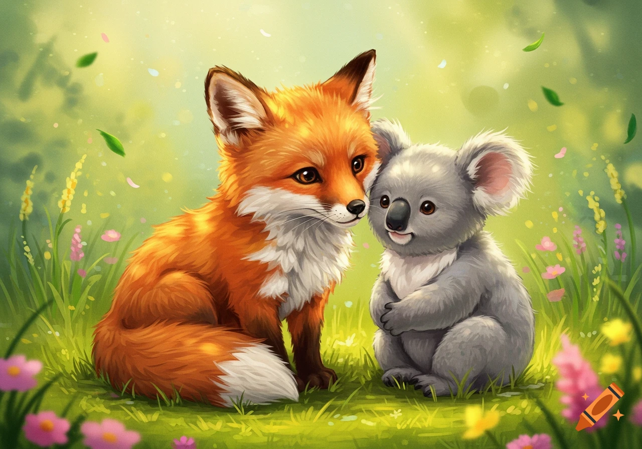 A cute baby fox and a blue dinosaur sit together in a vibrant, sun ...