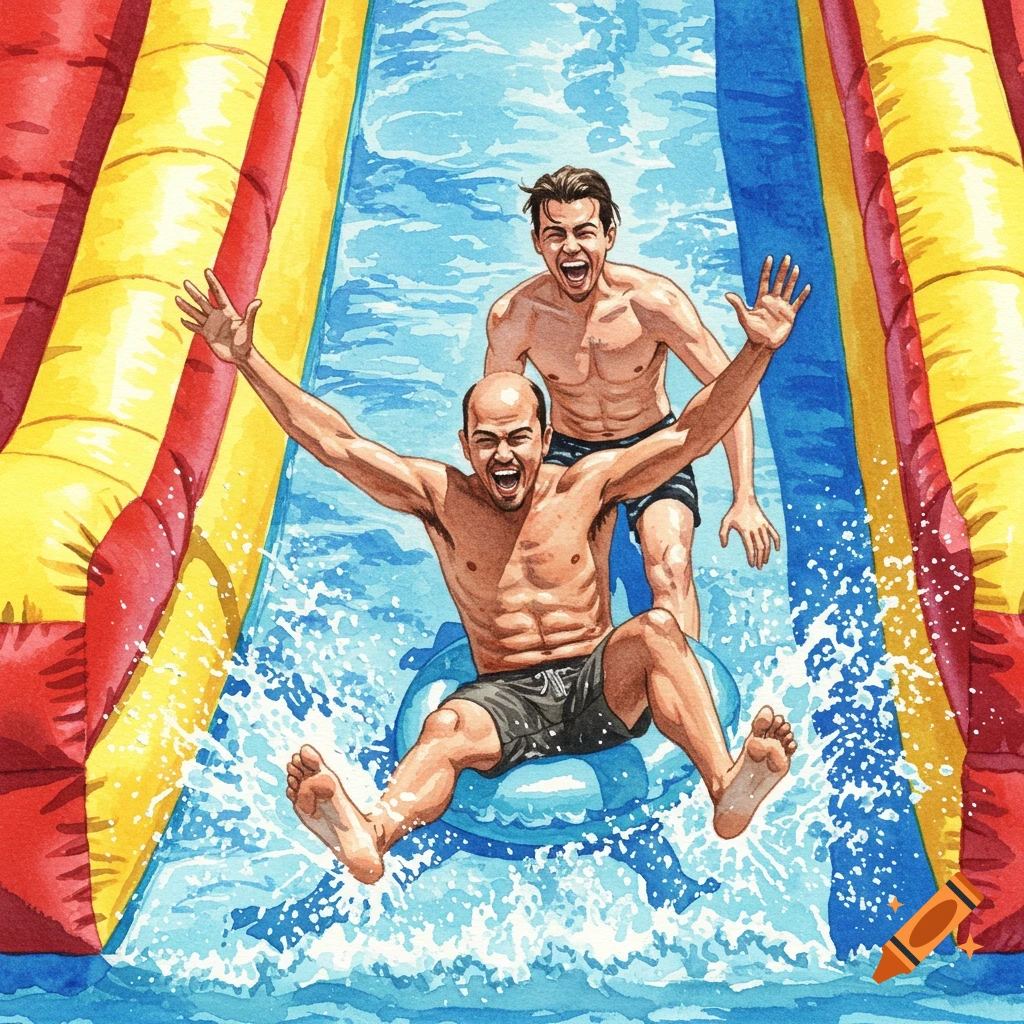 Two excited men, one bald, slide down a vibrant red and yellow inflatable water slide, splashing ...