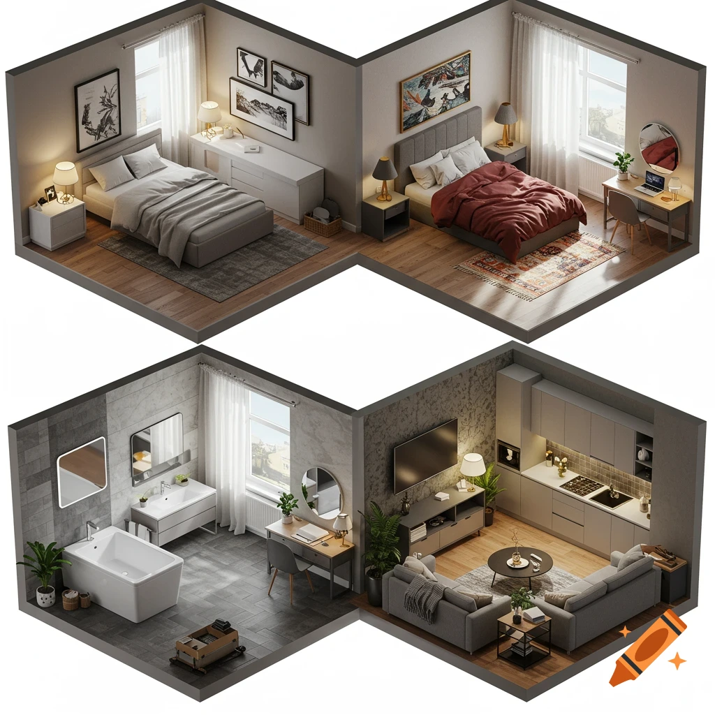 Isometric architectural rendering of four modern rooms: two bedrooms, a bathroom, and an open ...