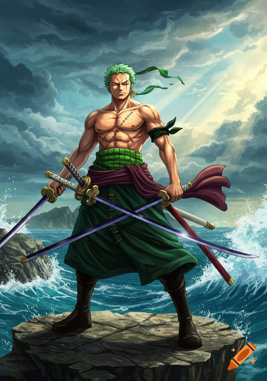Anime art of Roronoa Zoro, a muscular man with green hair, shirtless ...