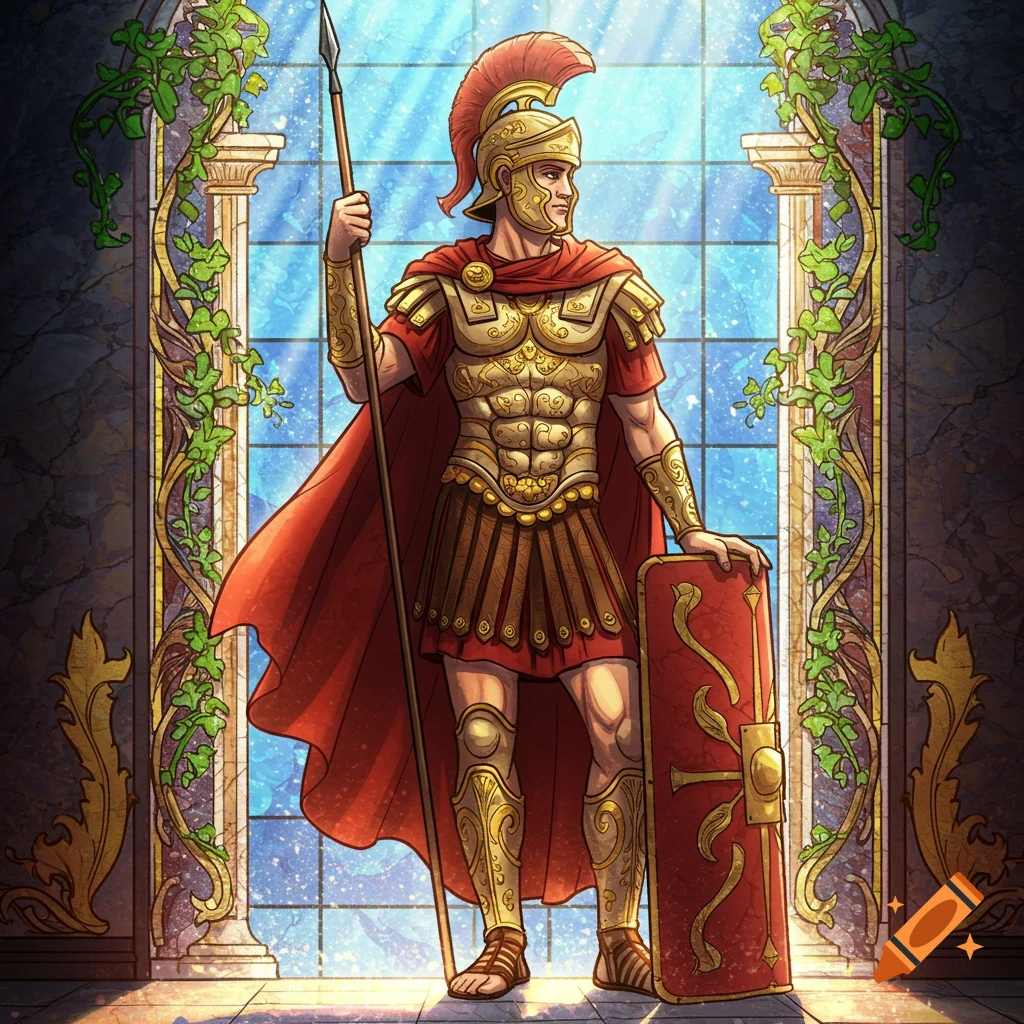 A Roman soldier in golden armor and a red cape stands with a spear and ...