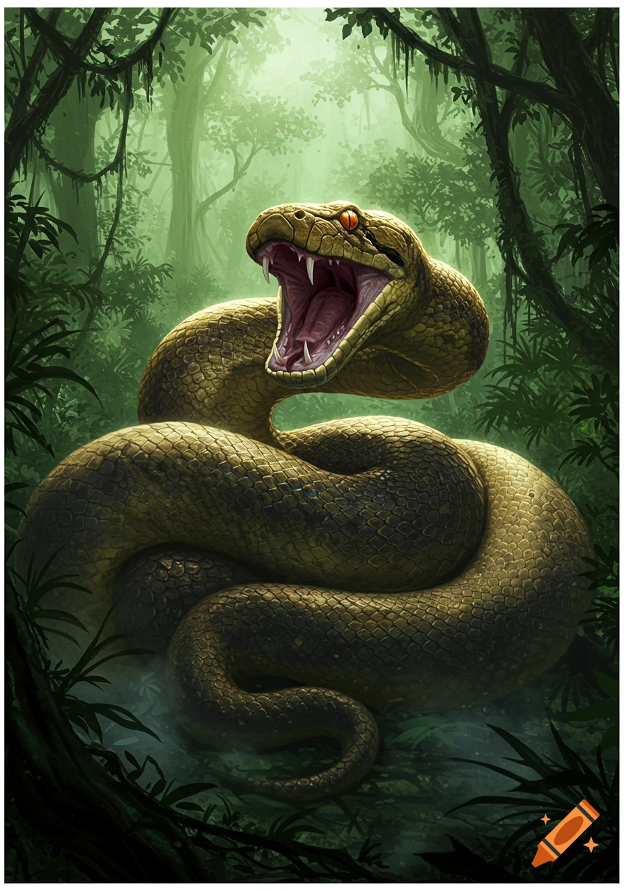 Two cartoonish brown snakes with glowing blue spiral eyes and long ...