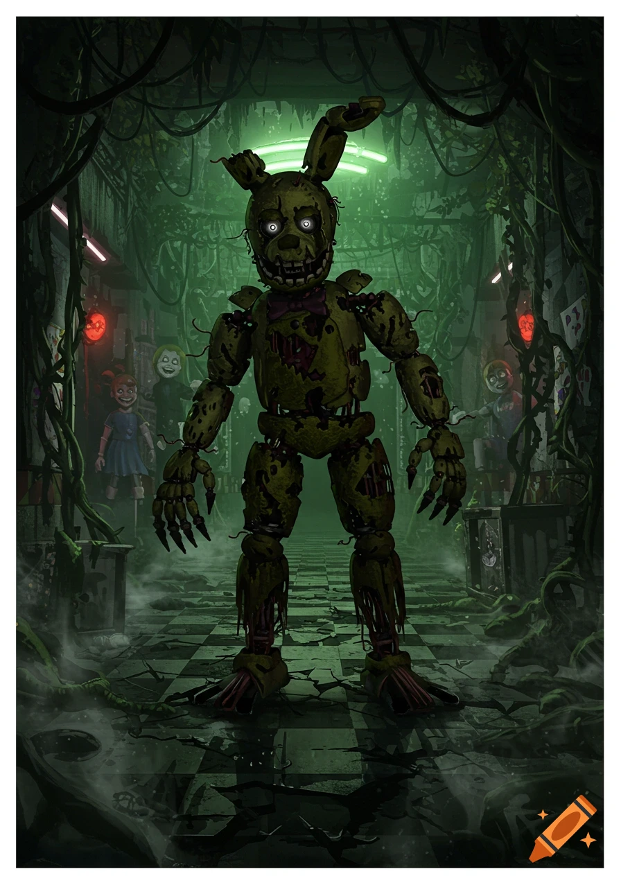 A decaying green rabbit-like animatronic with glowing eyes stands in a ...