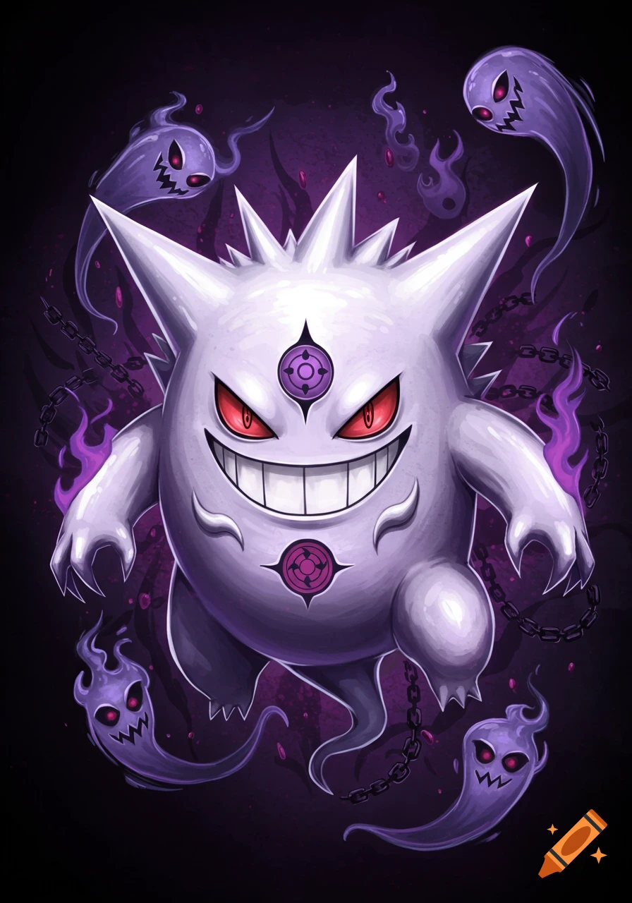 A sinister, white Mega Gengar with red eyes and a wide grin, surrounded ...