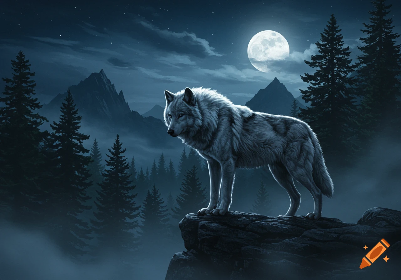 Two wolves howl on a mountain cliff under a huge full moon and starry ...