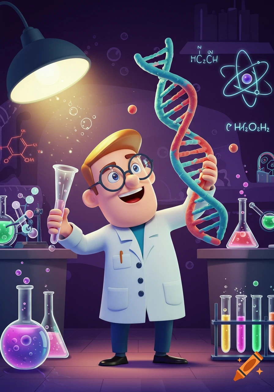 A vibrant illustration of laboratory equipment including glowing ...