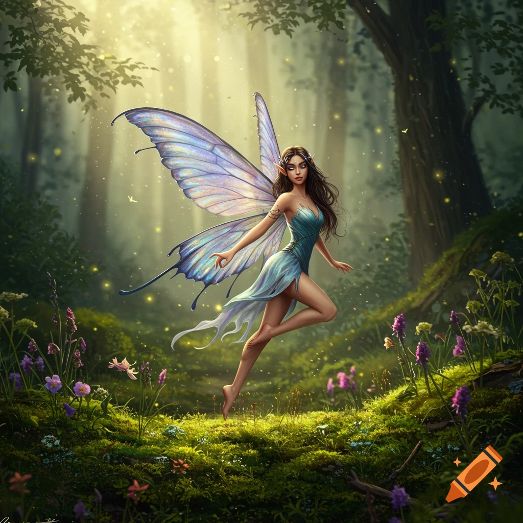 A beautiful fairy with large golden butterfly-like wings and a flower crown sits by a fountain ...