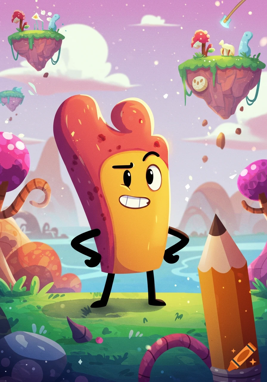 A cheerful yellow cartoon character Wubbzy stands in a vibrant ...