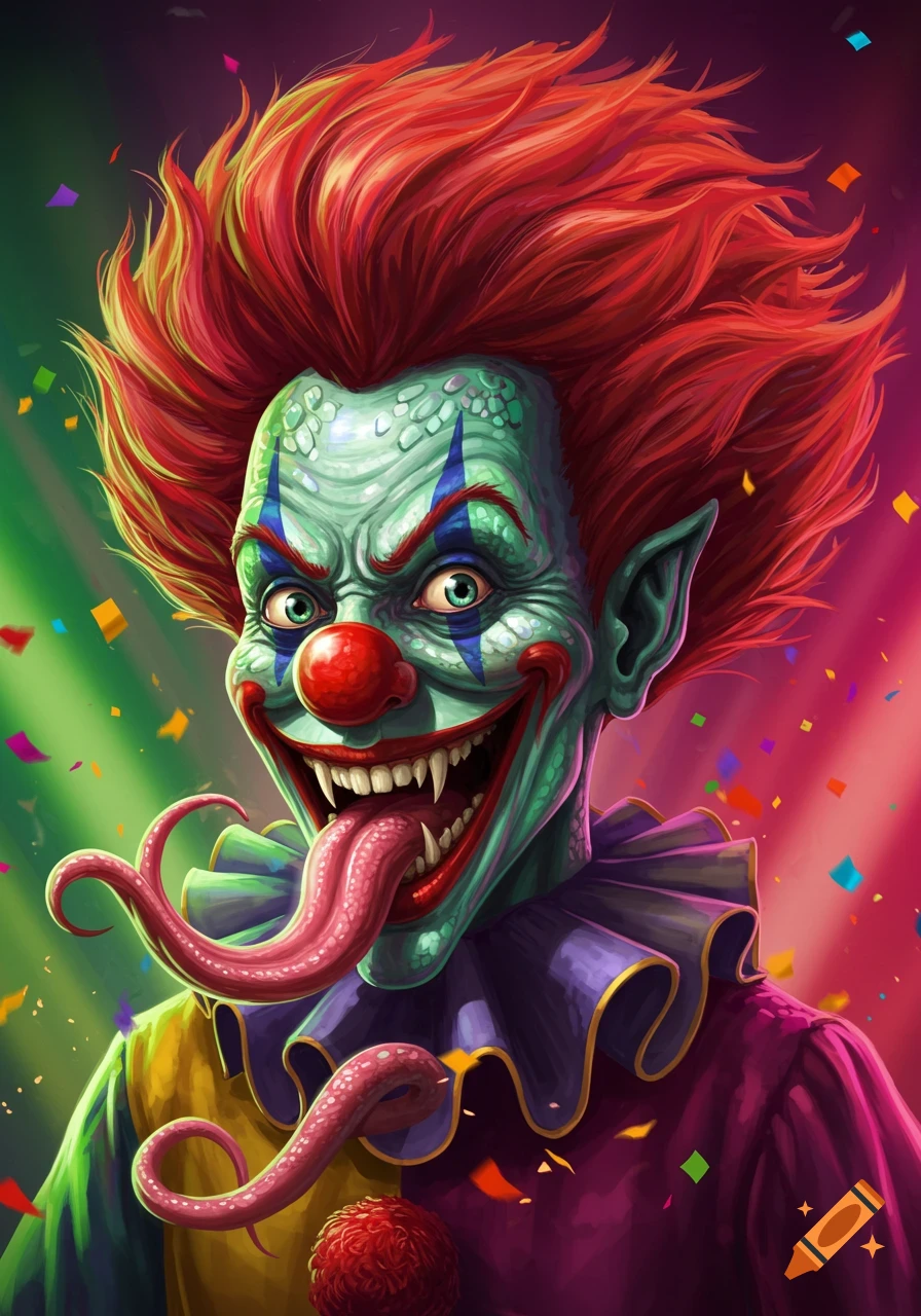 Close-up digital painting of a wolf wearing clown face paint, red nose ...