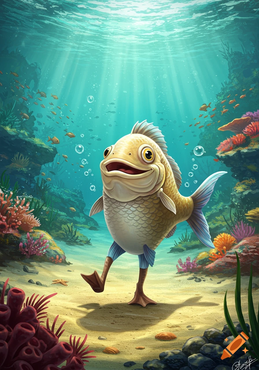 A digital art illustration of an anthropomorphic fish-woman with an ...