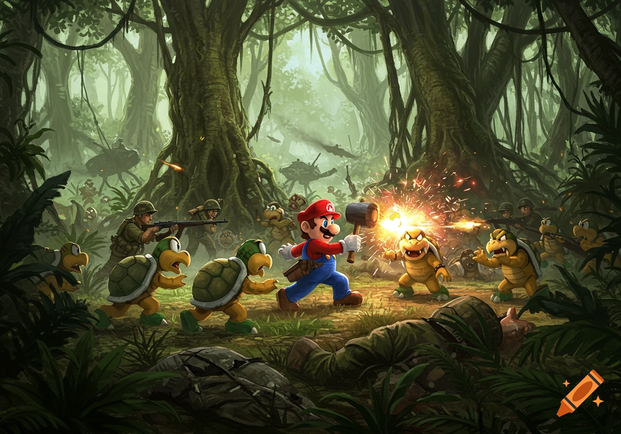 Mario battles Koopa Troopas with a hammer in a dense jungle war scene ...