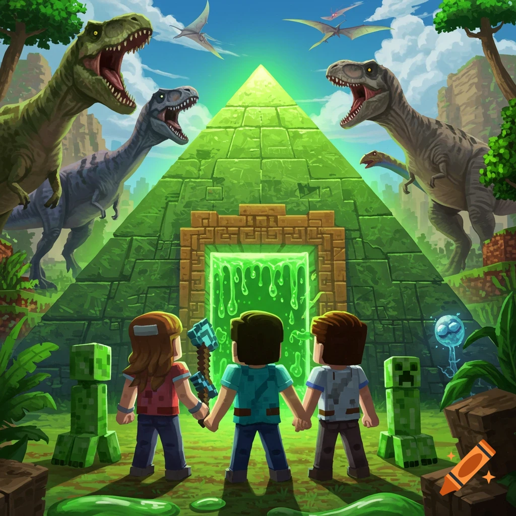 Three Minecraft-style kids and two Creepers look at a glowing green ...